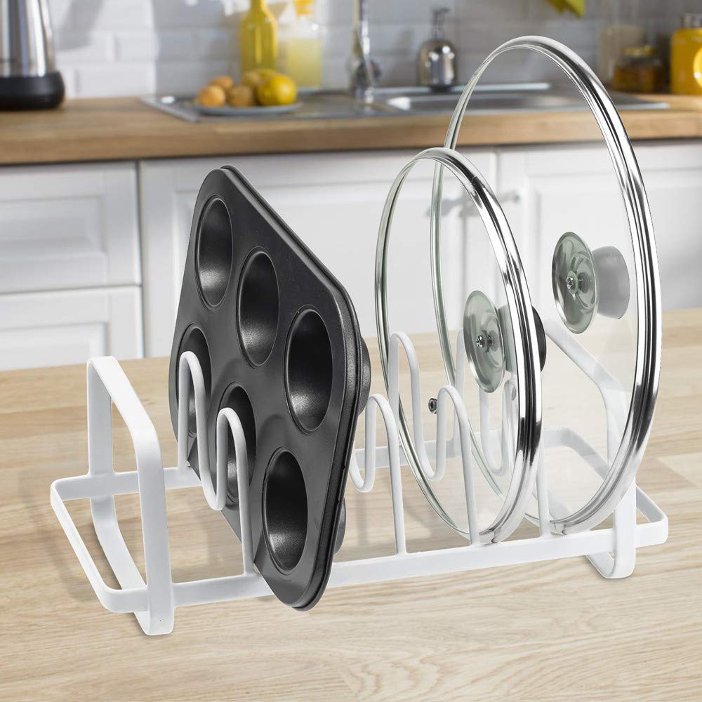 SANNO Pot Lid Holders Heavy Duty Pan Rack Organizer Pot Organizer Rack for Cabinet, Bakeware Rack,Kitchen Cookware Pantry Cabinet Storage Rack with 7 Dividers (pack of 1)