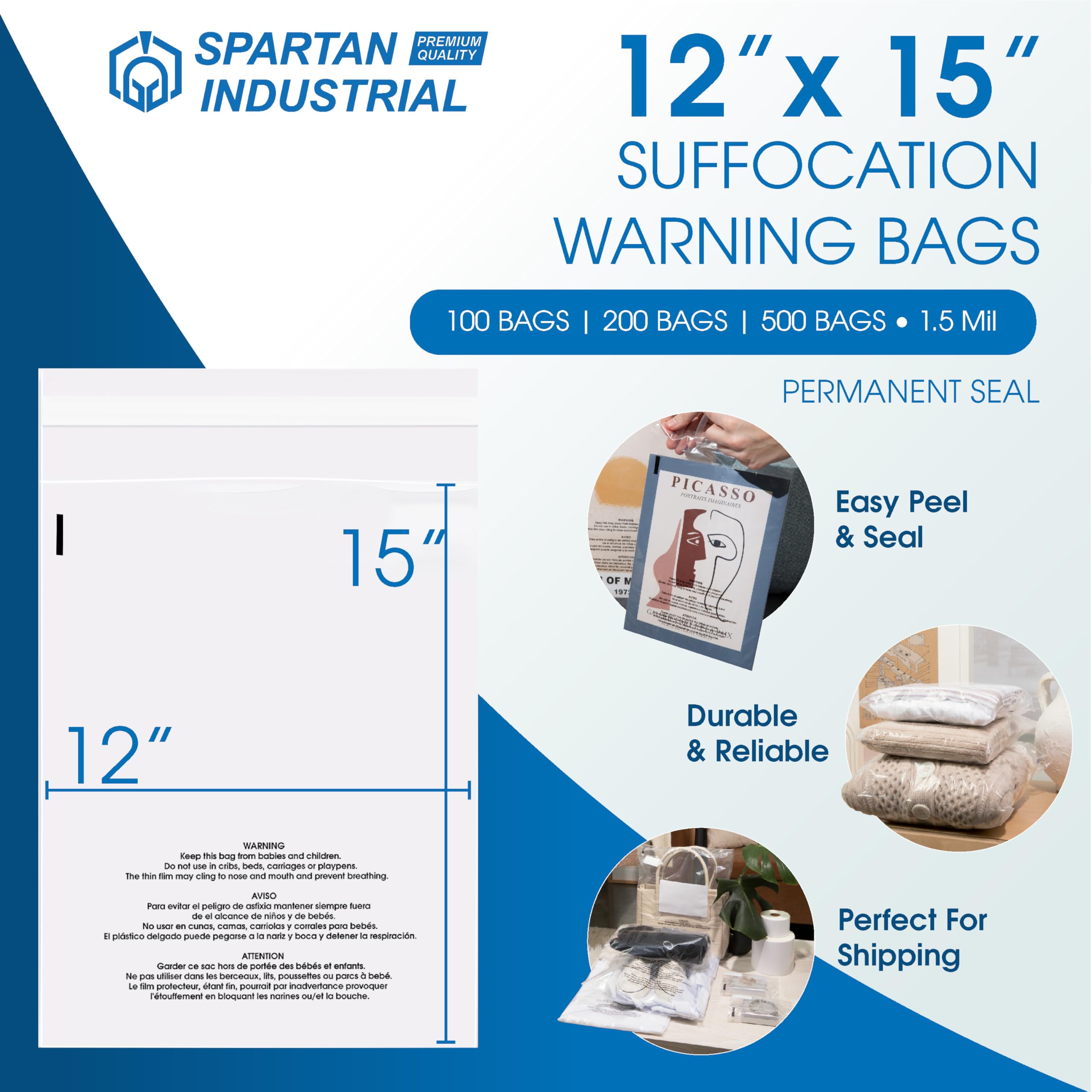 Spartan Industrial - 12β X 15β (100 Count) Self Seal Clear Poly Bags with Suffocation Warning for Packaging, T Shirts & FBA - Permanent Adhesive
