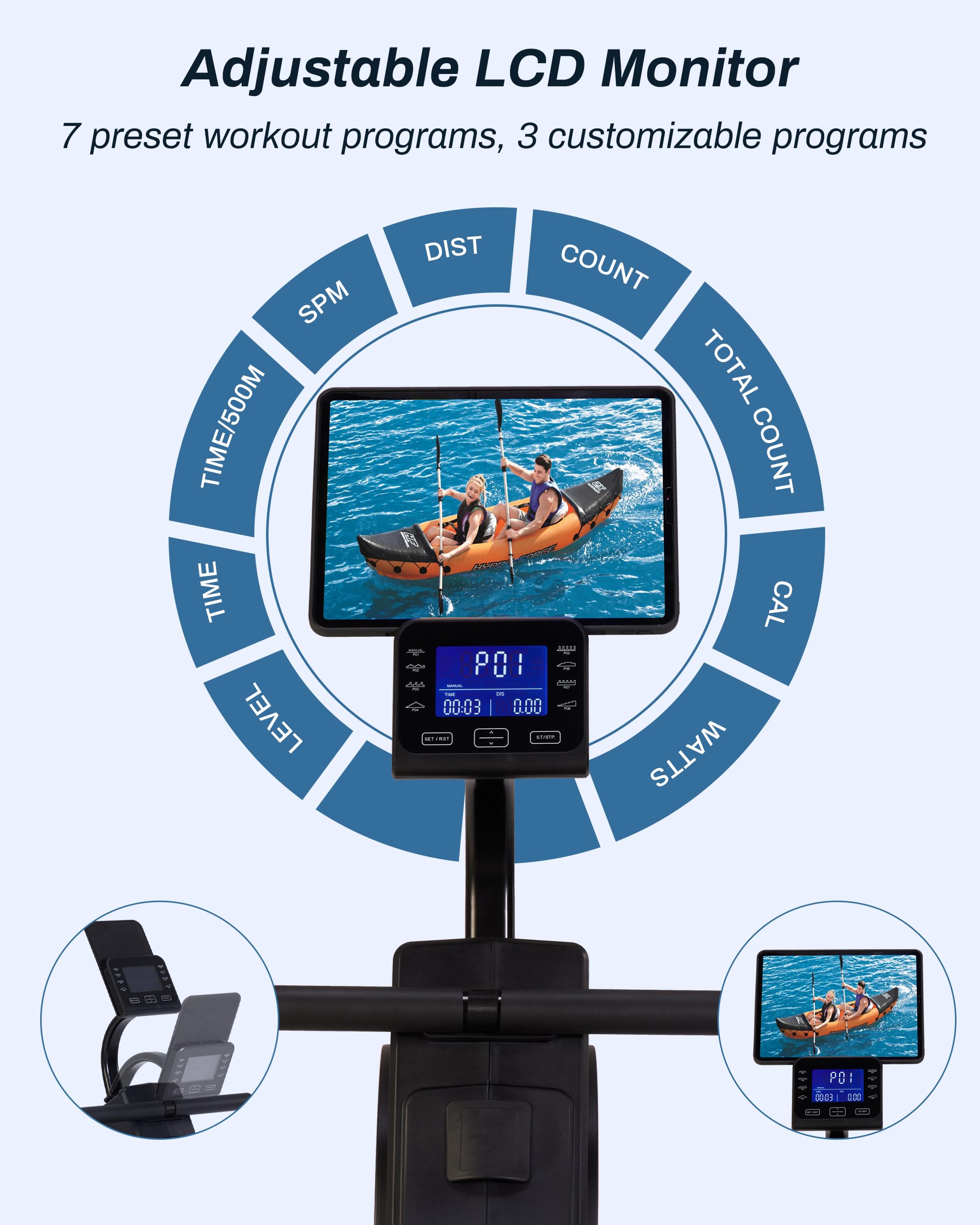 ECHANFIT Magnetic Rower Rowing Machine for Home Use Foldable w/16 Level of Quiet Magnetic Resistance with LCD Monitor and Adjustable Console Angle for Cardio Training