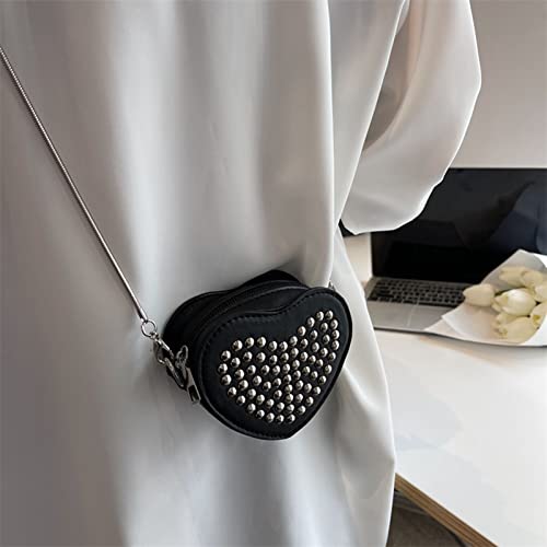 Cute Heart Shaped Mini Crossbody Bags for Women Girls Small Round Purse PU Leather Mini Shoulder Bag with Bling Rivets & Chain Strap (Black,Heart Shaped)