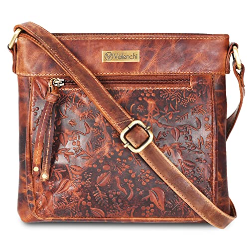 LEVOGUE Genuine Leather Crossbody Handbag for Women - Shoulder bag for Womens Handmade by VALENCHI (Cognac Vintage-Flower)
