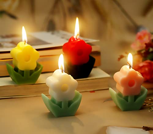 4 PCS Flower Shaped Candles,Cute Candles Aesthetic Candle,Smokeless Scented Candles,Delicate Decorative Candle for Home Decor,Flower Candle Gift for Wedding,Birthday Party,Spa (White,Yellow,Pink,Red)