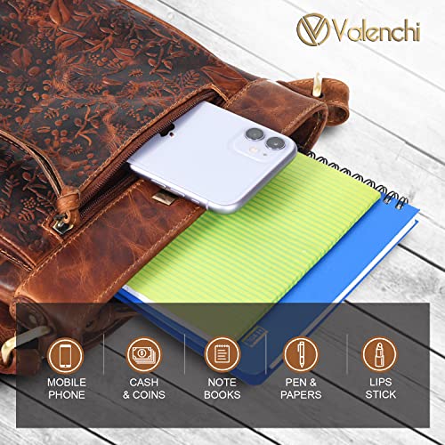 LEVOGUE Genuine Leather Crossbody Handbag for Women - Shoulder bag for Womens Handmade by VALENCHI (Cognac Vintage-Flower)
