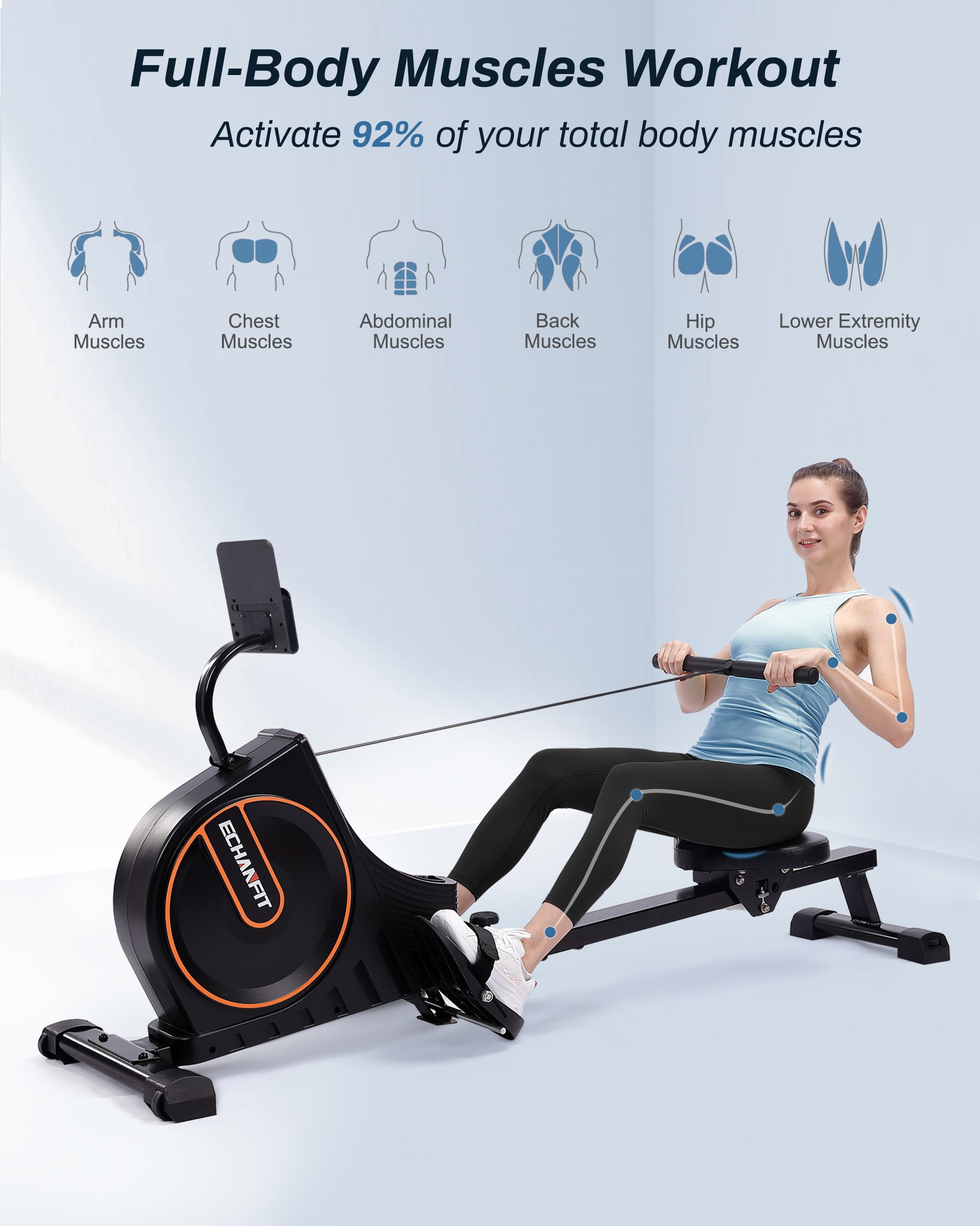 ECHANFIT Magnetic Rower Rowing Machine for Home Use Foldable w/16 Level of Quiet Magnetic Resistance with LCD Monitor and Adjustable Console Angle for Cardio Training