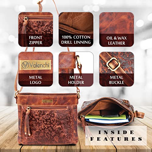 LEVOGUE Genuine Leather Crossbody Handbag for Women - Shoulder bag for Womens Handmade by VALENCHI (Cognac Vintage-Flower)
