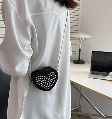 Cute Heart Shaped Mini Crossbody Bags for Women Girls Small Round Purse PU Leather Mini Shoulder Bag with Bling Rivets & Chain Strap (Black,Heart Shaped)