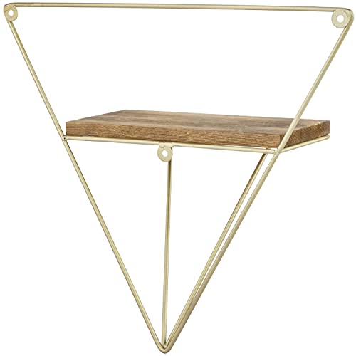 MyGift Wall Mounted Burnt Wood Floating Shelf with Brass Metal Rectangular Frame, Decorative Hanging Display Wall Decor