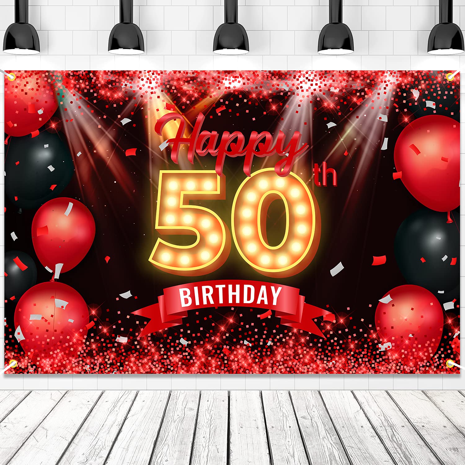 Happy 50th Birthday Banner Backdrop Red and Black 50 Years Old Background Bday Decorations for Women Men Photography Party Supplies Glitter