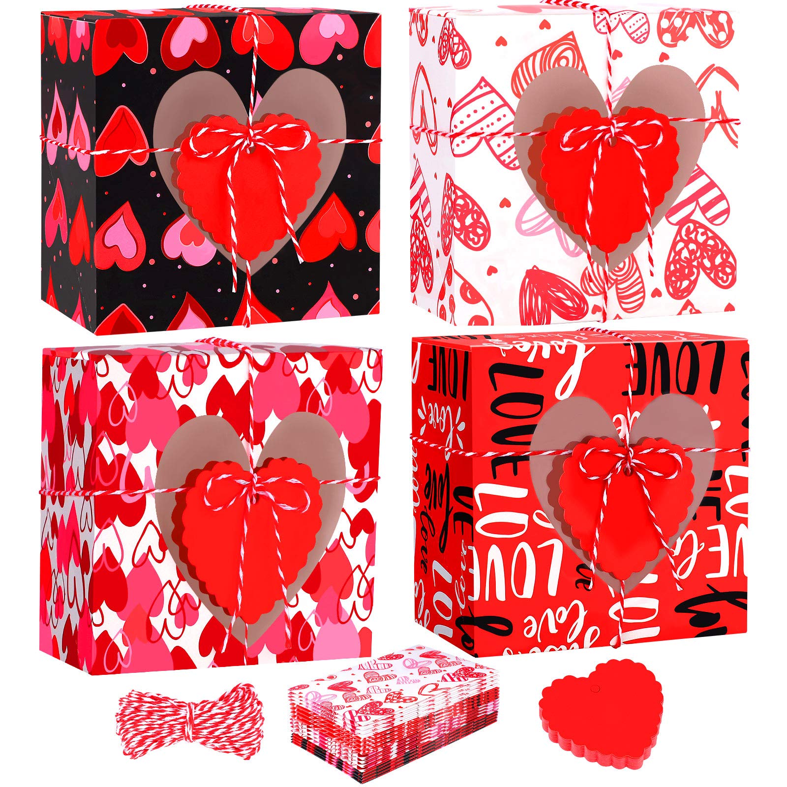 Cooraby 16 Pieces Valentines Day Cupcake Paper Boxes 5 x 5 x 3 Inch Small Goodie Candy Boxes PVC Heart Window Party Present Boxes with Heart Tags and Ribbons