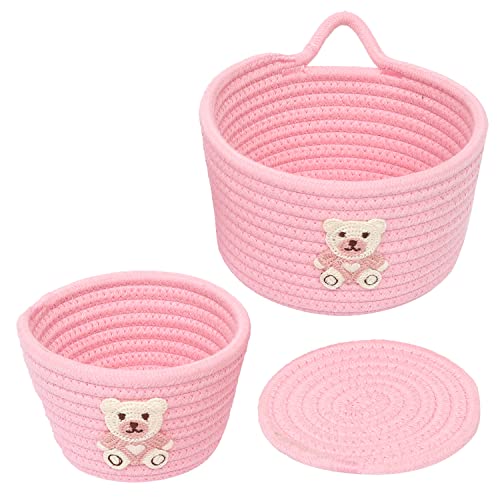 Decorative Basket Small Storage Baskets for Organizing Small Woven Basket Set of 2 small Cup Mat Small Rope Basket Decorative Mini Storage Bins Round Little for Desk Cup Gifts Cup Mat Brush pot (Pink)