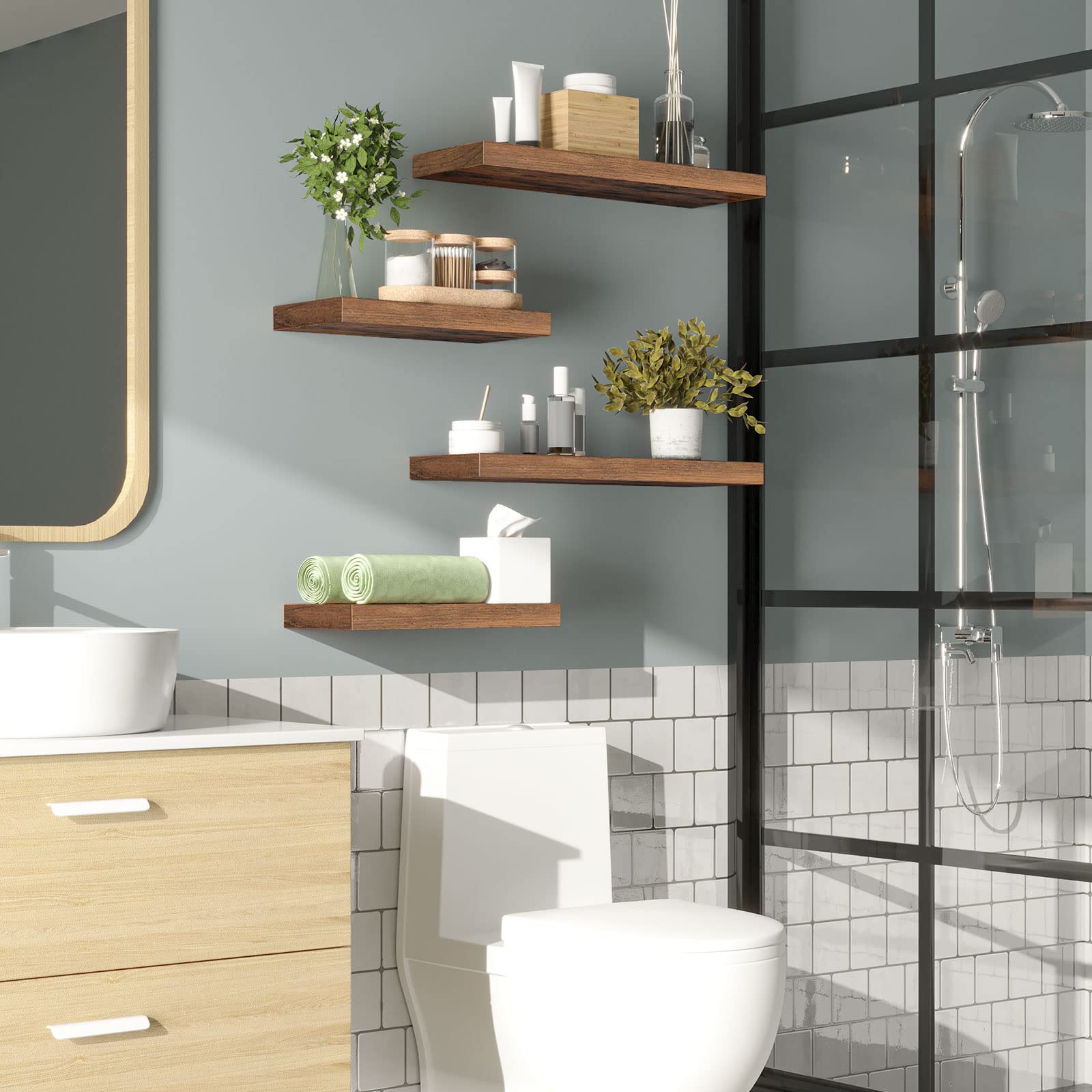 HOOBRO Floating Shelves, Wall Shelf Set of 2, 15.7 inch Hanging Shelf with Invisible Brackets, for Bathroom, Bedroom, Toilet, Kitchen, Office, Living Room Decor, Rustic Brown BF40BJ01
