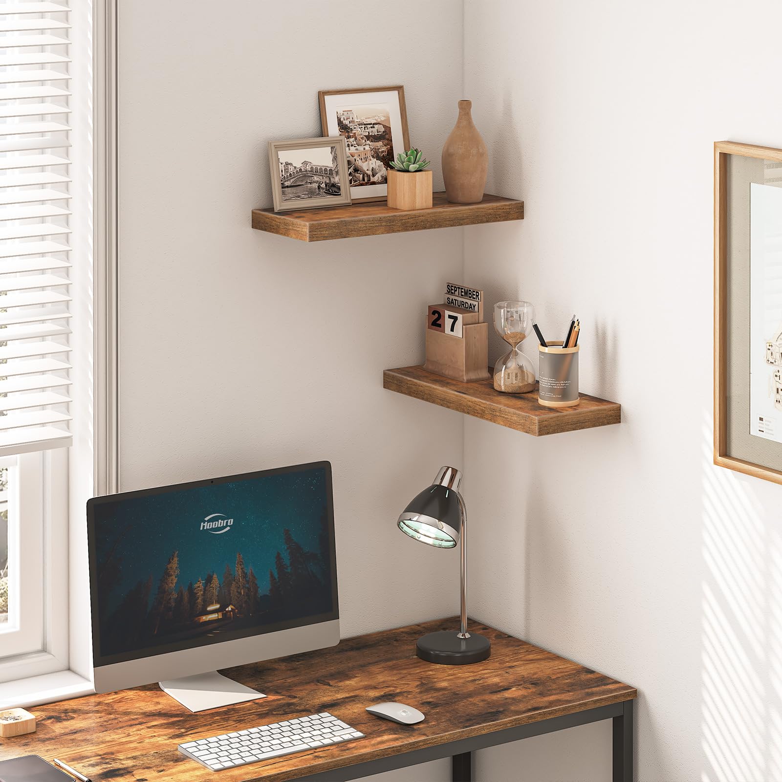 HOOBRO Floating Shelves, Wall Shelf Set of 2, 15.7 inch Hanging Shelf with Invisible Brackets, for Bathroom, Bedroom, Toilet, Kitchen, Office, Living Room Decor, Rustic Brown BF40BJ01