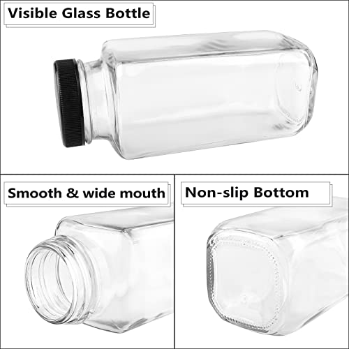 GUANENA 12 Pack Glass Drink Bottles, 8.5 OZ Vintage Square Water Bottles with Lids, Juice Bottles Beverages Containers for Milk, Kombucha, Smoothies
