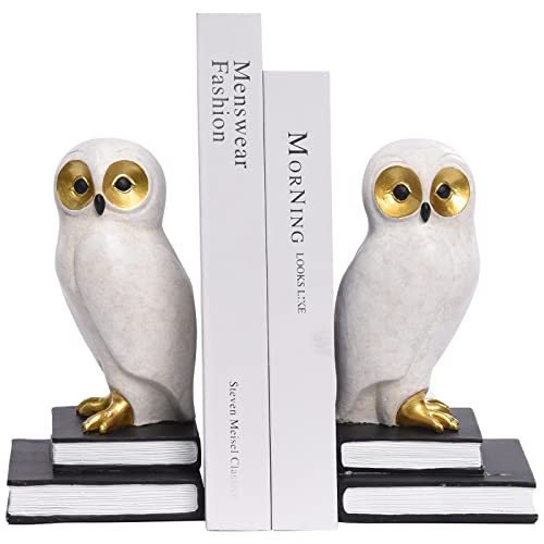 Kakizzy Owl Statue Home Decor, Unique Standing Owl Bookends for Office Decor Resin Owls Figurine for Bookshelf Décor 1 Pair Decorative Bookends Cute Bird Book Ends Fun Book Ends for Kids (Owl-White)