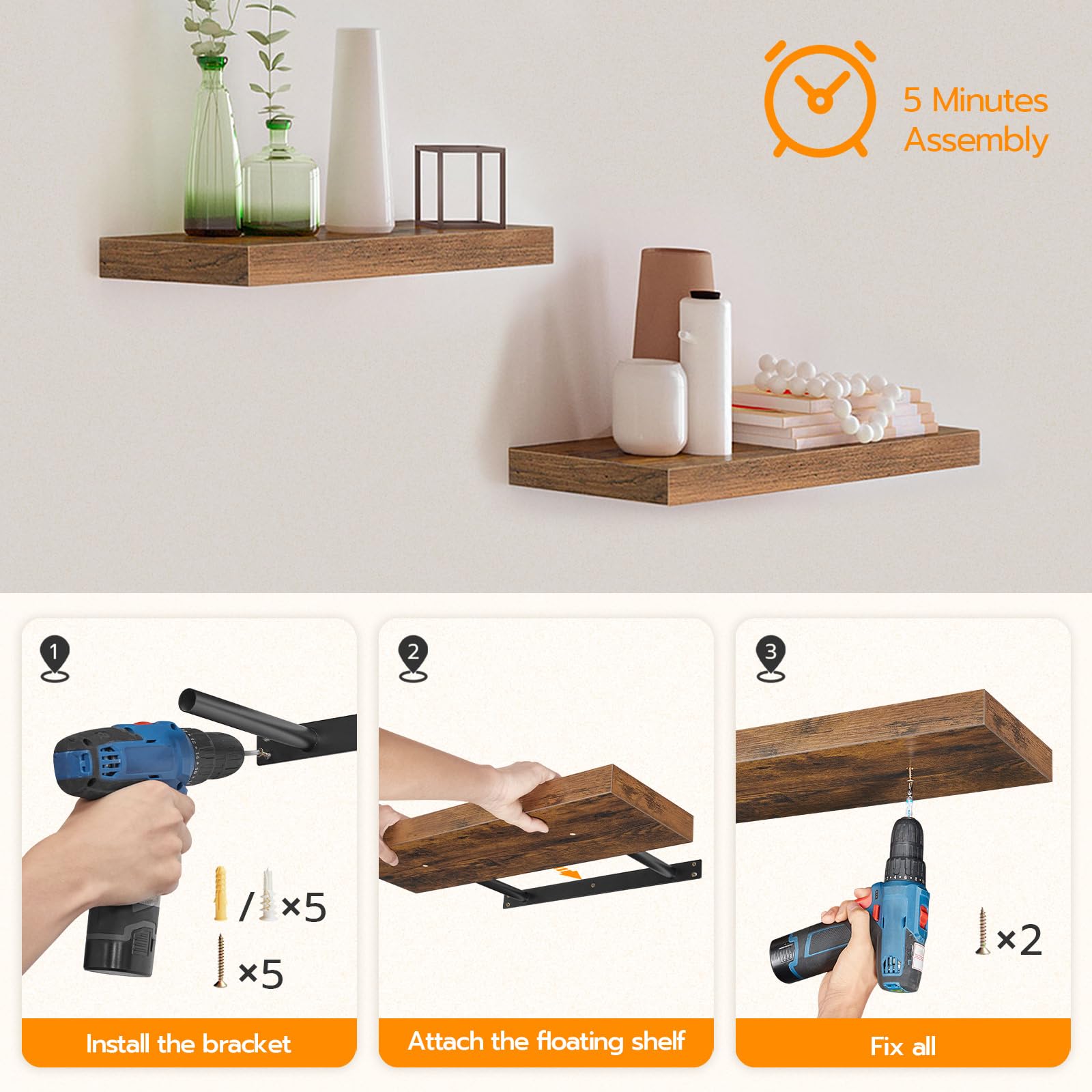HOOBRO Floating Shelves, Wall Shelf Set of 2, 15.7 inch Hanging Shelf with Invisible Brackets, for Bathroom, Bedroom, Toilet, Kitchen, Office, Living Room Decor, Rustic Brown BF40BJ01