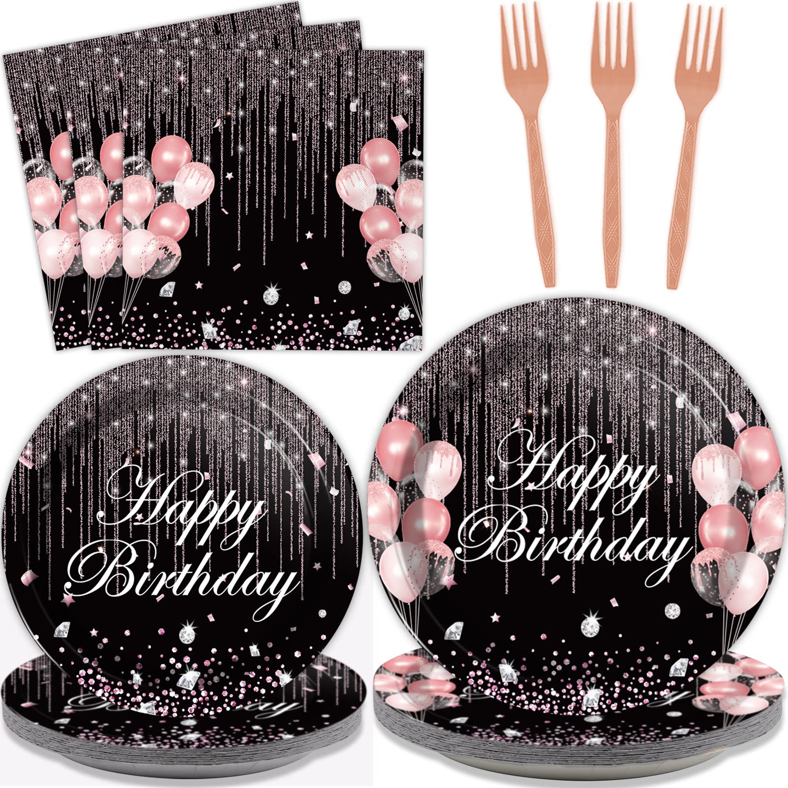 chiazllta 96 Pcs Black Rose Gold Party Disposable Paper Plate and Napkins Pink Rose Gold Birthday Party Table Decoration Supplies Pink Glitter Party Paper Plate Napkin Fork for Party Favors 24 Guests