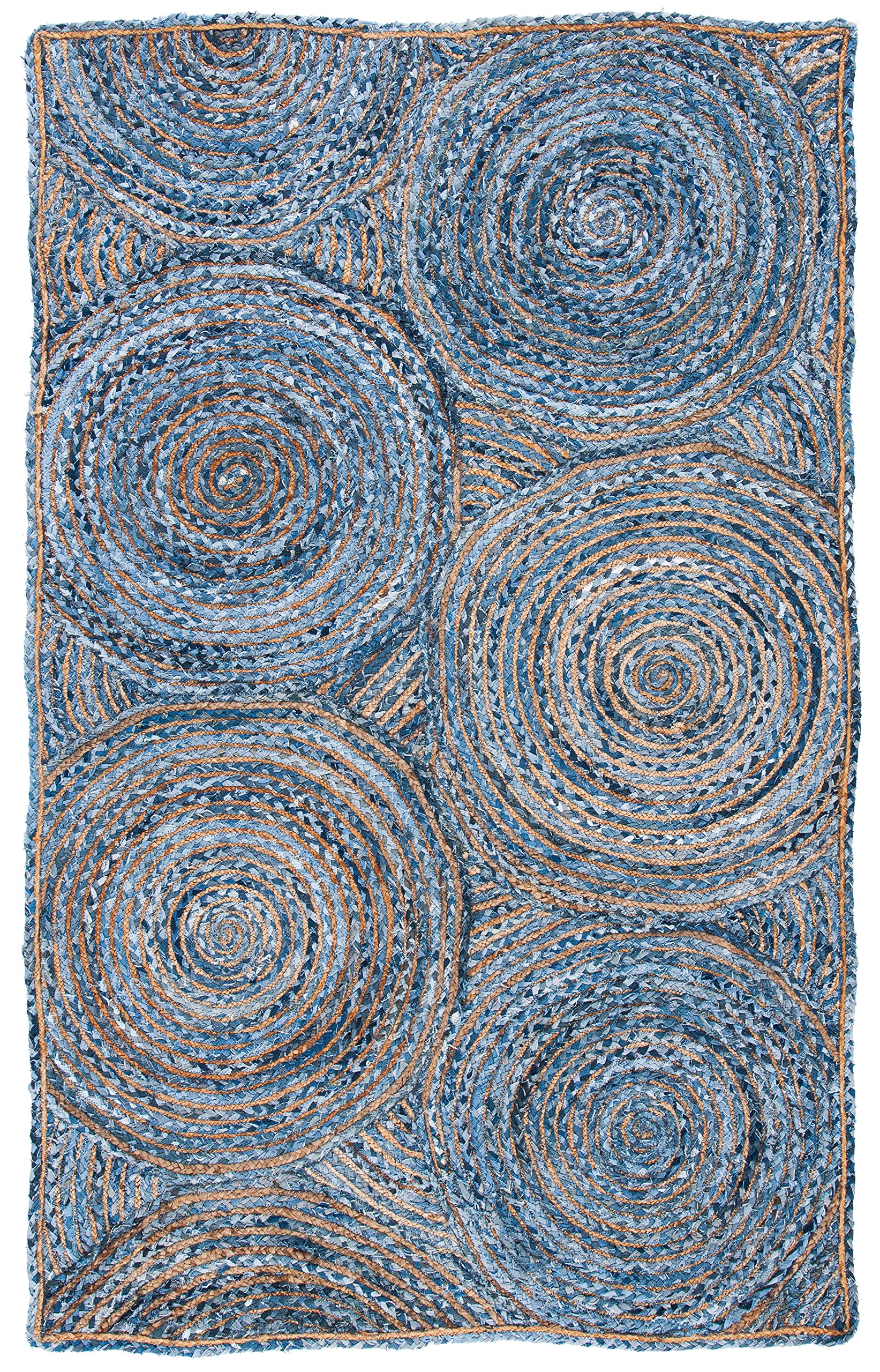 SAFAVIEH Cape Cod Collection 4' x 6' Blue/Natural CAP203M Handmade Boho Braided Circles Jute & Cotton Entryway Living Room Foyer Bedroom Accent Rug