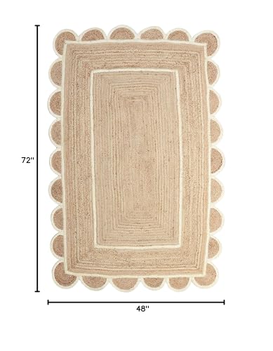Weaving Village Scalloped Natural Jute Area Rug, Natural Base Off White Trim, 4x6