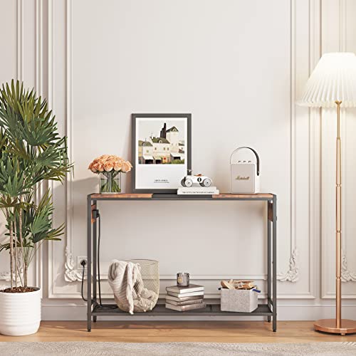 IRCPEN Console Table with Outlet & 2 USB Ports, 42" Wood Entryway Table with Shelves Storge, Farmhouse Sofa Behind Couch Table with Charging Station for Living Room, Hallway, Foyer, Corridor