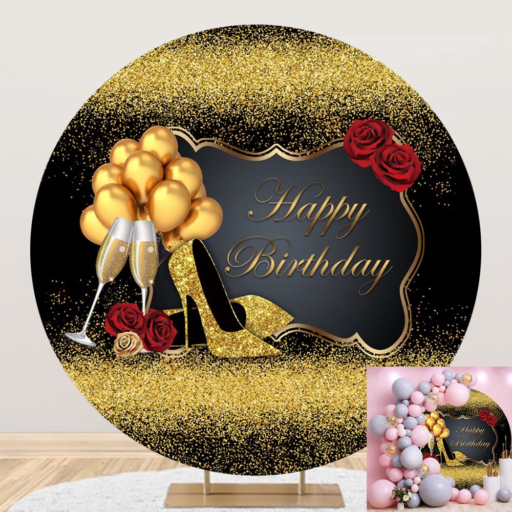 Black Gold High Heel Round Backdrop Luxury Glistering Champagne Rose Balloons 20th 30th 40th 50th 60th Happy Birthday Backdrop 6.5x6.5ft Photo Studio Booth Background
