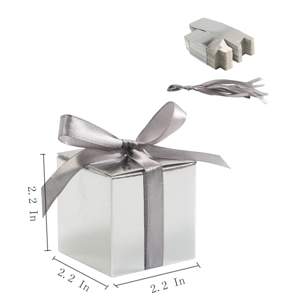 KUPOO 50PCS Favor Boxes,Candy Boxes 2.2x2.2x2.2 Inches Small Gift Boxes with Ribbons for Wedding Baby Shower Decorations Birthday Party Supplies (Silver)