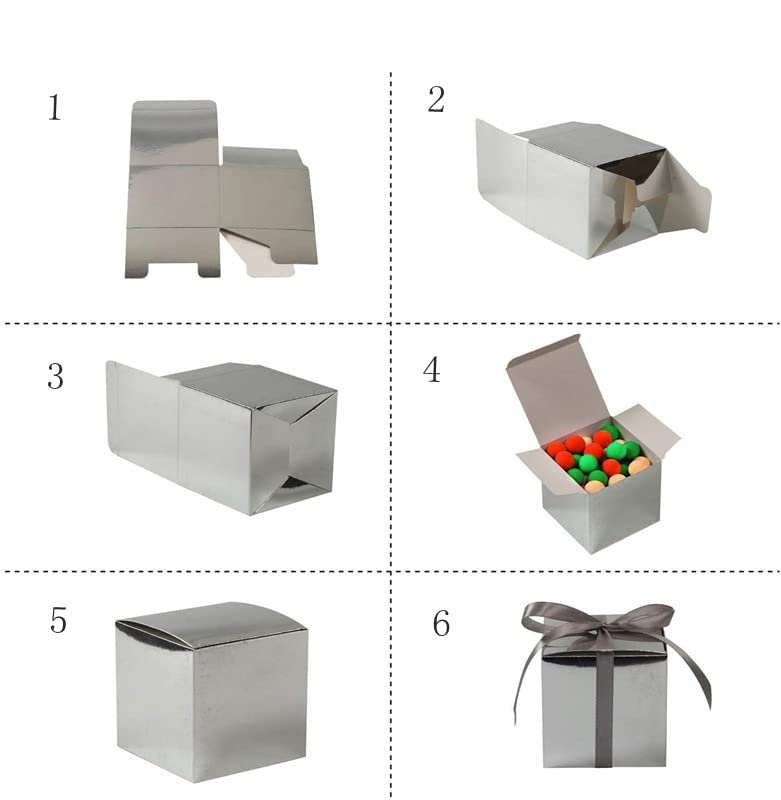 KUPOO 50PCS Favor Boxes,Candy Boxes 2.2x2.2x2.2 Inches Small Gift Boxes with Ribbons for Wedding Baby Shower Decorations Birthday Party Supplies (Silver)