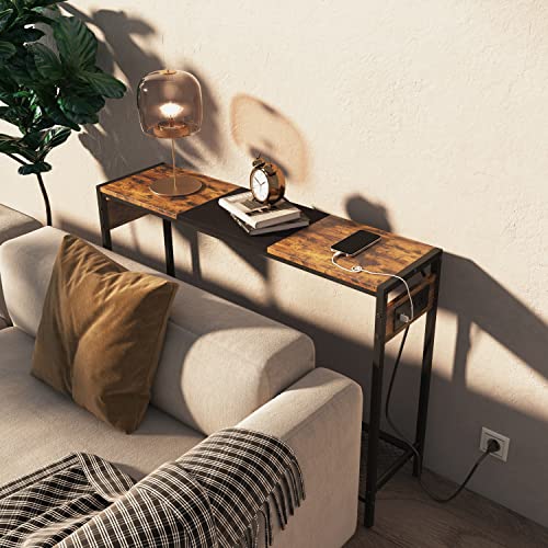 IRCPEN Console Table with Outlet & 2 USB Ports, 42" Wood Entryway Table with Shelves Storge, Farmhouse Sofa Behind Couch Table with Charging Station for Living Room, Hallway, Foyer, Corridor