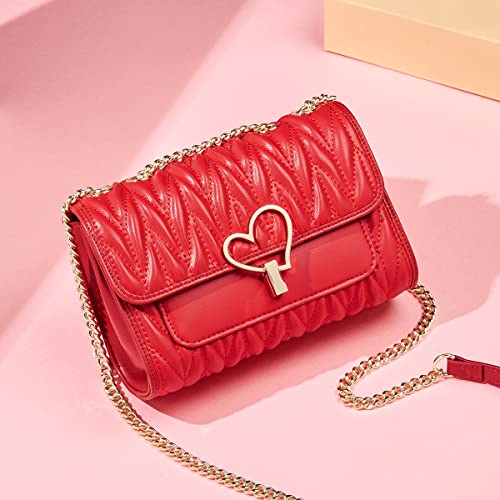 Women's Shoulder Bags Cow Leather Purses Crossbody Bags for Women Stylish Clutch Small Handbag with Chain Strap (Red)