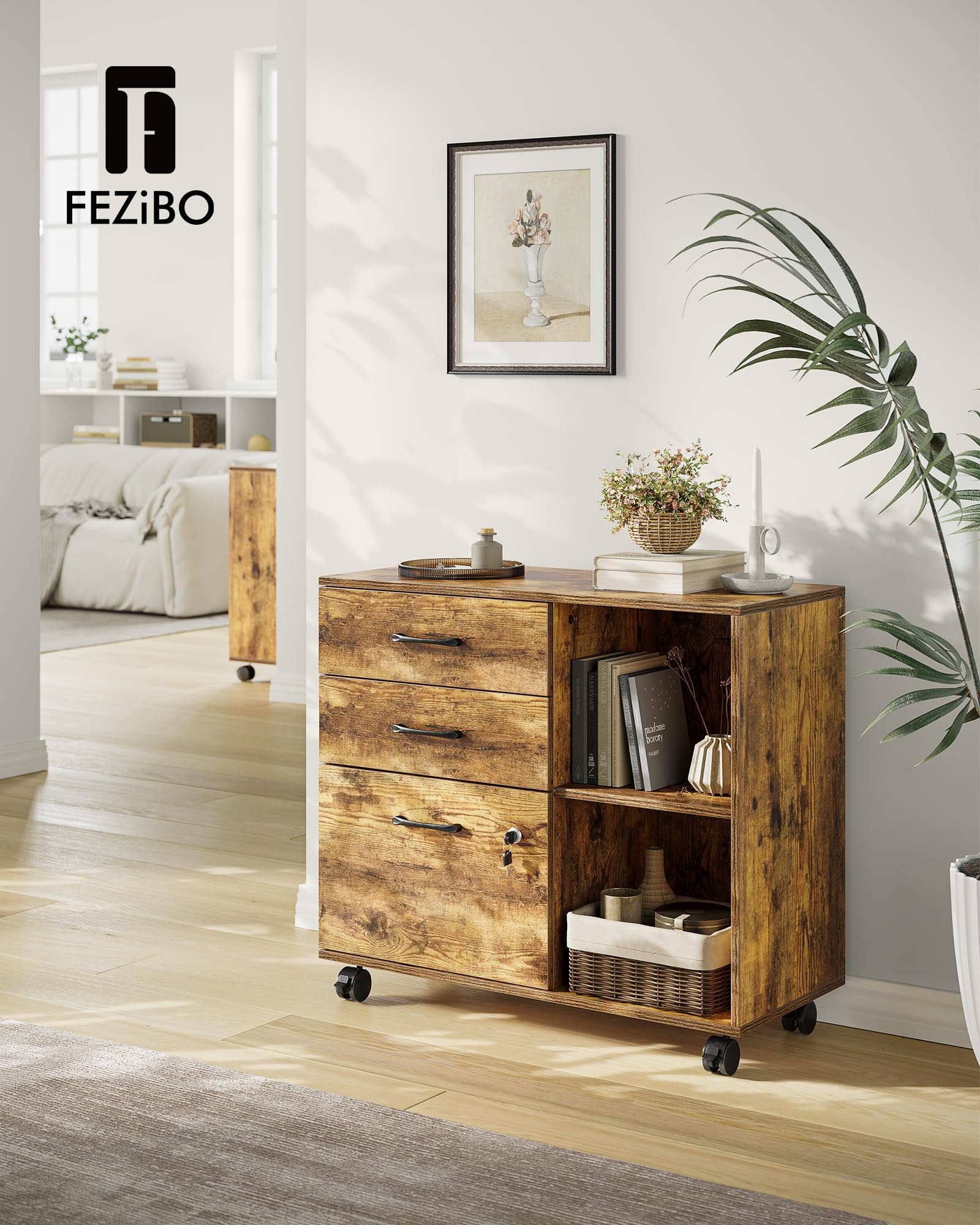 FEZIBO 3-Drawer Mobile File Cabinet, Lateral Filing Cabinet with Lock, Printer Stand with Open Storage Shelves for Home Office, Rustic Brown