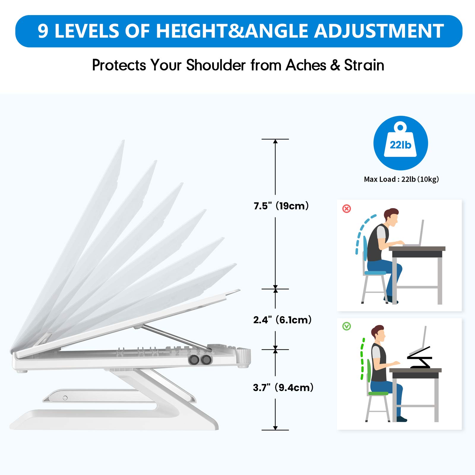 AboveTEK Genie Book Laptop Stand Riser - 9 Height/Angle Adjustable, Portable Laptop Riser Foldable to 11x11x1β - Fits 6β to 17β Laptop & 2 Extra Phone Holders - Ideal Gift for Family(White)