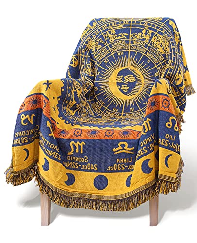 CUEERBOT Boho Throw Blanket,Hippie Room Decor Reversible Bohemian Cotton Blanket for Sofa Tapestry Carpet Bed Chair,Witchy Astrology Zodiac Celestial Constellation (Yellow, Small 51x71inch)