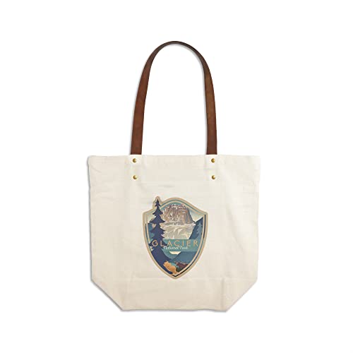 Glacier National Park, Montana, Mountain Scene, Lithograph, Contour (Canvas Deluxe Tote Bag, Faux Leather Handles & Zip Pocket)