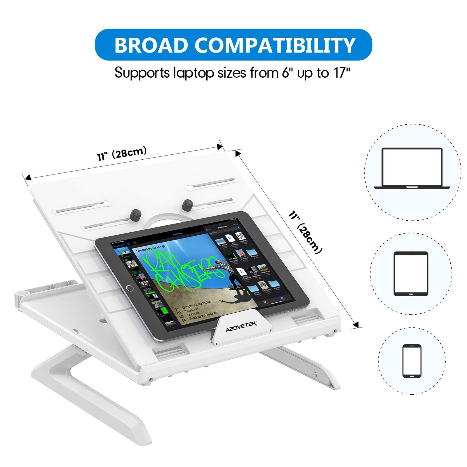 AboveTEK Genie Book Laptop Stand Riser - 9 Height/Angle Adjustable, Portable Laptop Riser Foldable to 11x11x1β - Fits 6β to 17β Laptop & 2 Extra Phone Holders - Ideal Gift for Family(White)