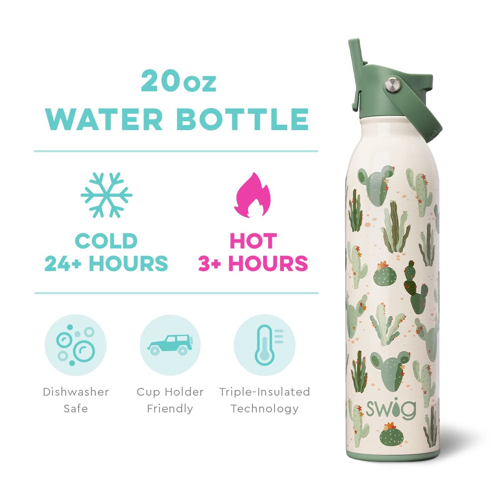 Swig Life 20oz Insulated Water Bottle with Straw & Flip + Sip Handle | Leak Proof, Dishwasher Safe, Cup Holder Friendly, Stainless Steel Water Bottle in Prickly Pear