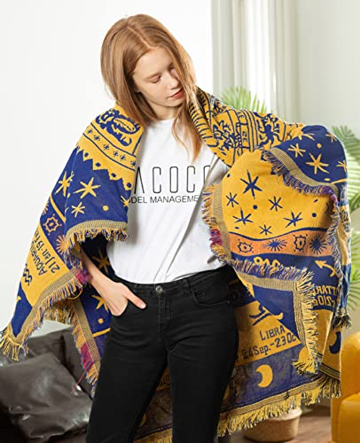 CUEERBOT Boho Throw Blanket,Hippie Room Decor Reversible Bohemian Cotton Blanket for Sofa Tapestry Carpet Bed Chair,Witchy Astrology Zodiac Celestial Constellation (Yellow, Small 51x71inch)