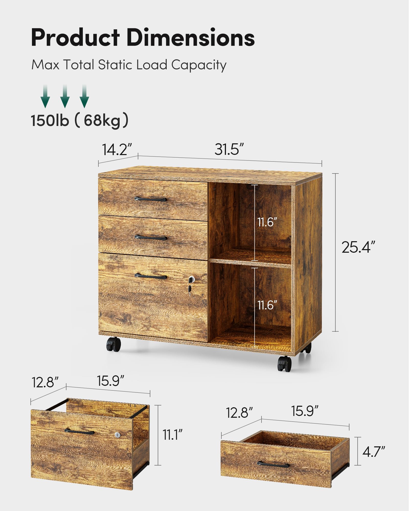 FEZIBO 3-Drawer Mobile File Cabinet, Lateral Filing Cabinet with Lock, Printer Stand with Open Storage Shelves for Home Office, Rustic Brown