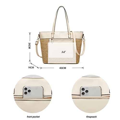 LMKIDS Women's Soft Artificial Leather Straw Woven Handbag, Shoulder Bag, Large Capacity Tassel Handbag. (Beige)