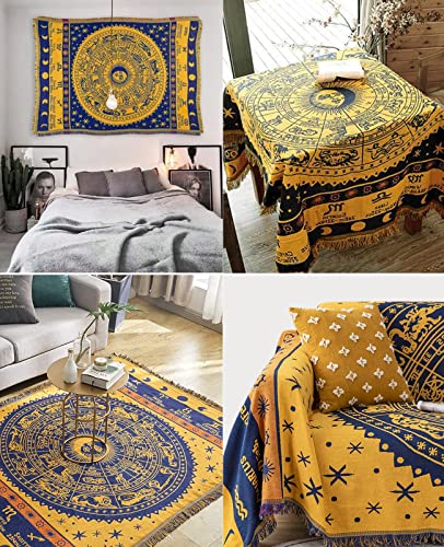 CUEERBOT Boho Throw Blanket,Hippie Room Decor Reversible Bohemian Cotton Blanket for Sofa Tapestry Carpet Bed Chair,Witchy Astrology Zodiac Celestial Constellation (Yellow, Small 51x71inch)