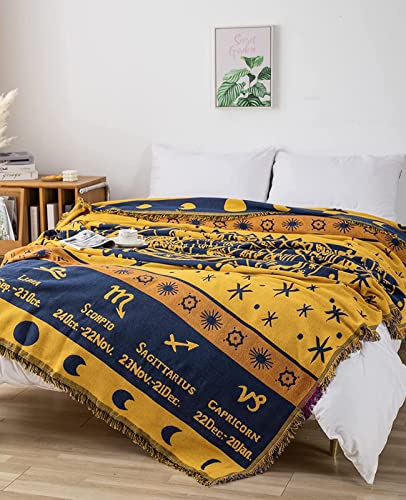 CUEERBOT Boho Throw Blanket,Hippie Room Decor Reversible Bohemian Cotton Blanket for Sofa Tapestry Carpet Bed Chair,Witchy Astrology Zodiac Celestial Constellation (Yellow, Small 51x71inch)