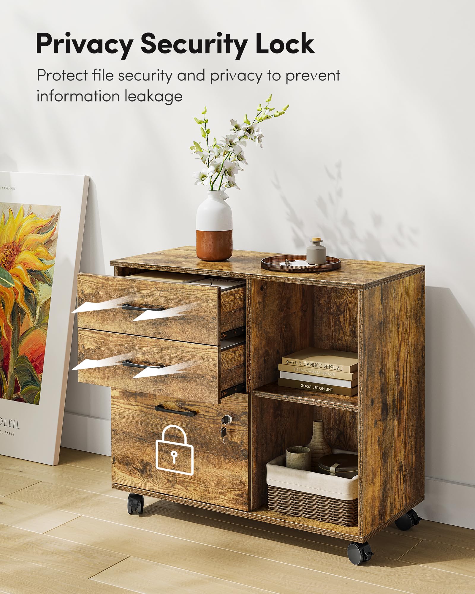 FEZIBO 3-Drawer Mobile File Cabinet, Lateral Filing Cabinet with Lock, Printer Stand with Open Storage Shelves for Home Office, Rustic Brown