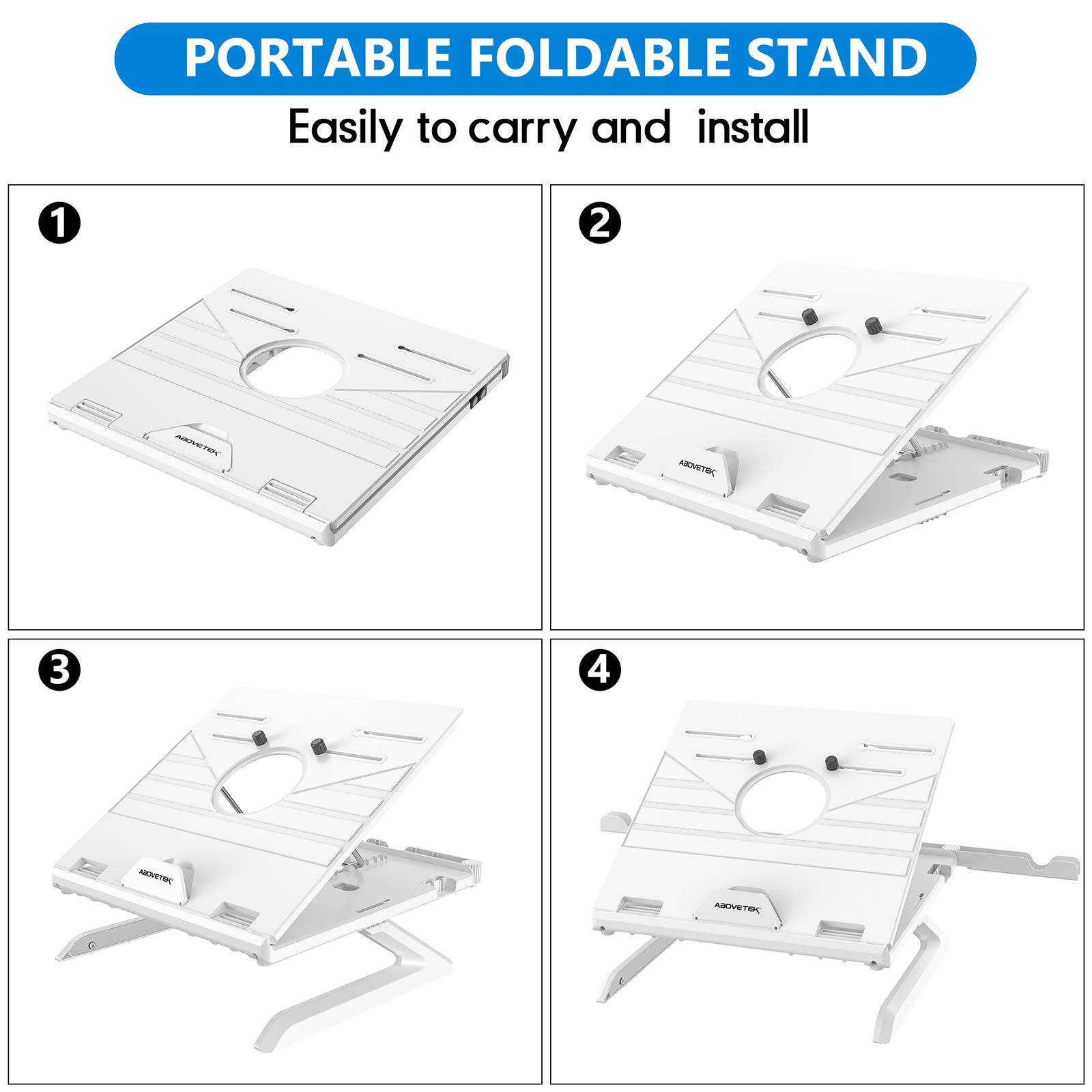 AboveTEK Genie Book Laptop Stand Riser - 9 Height/Angle Adjustable, Portable Laptop Riser Foldable to 11x11x1β - Fits 6β to 17β Laptop & 2 Extra Phone Holders - Ideal Gift for Family(White)