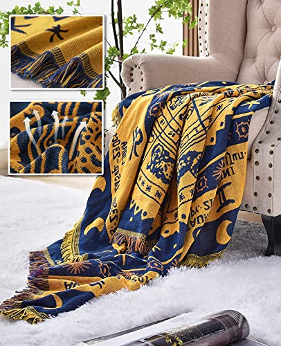 CUEERBOT Boho Throw Blanket,Hippie Room Decor Reversible Bohemian Cotton Blanket for Sofa Tapestry Carpet Bed Chair,Witchy Astrology Zodiac Celestial Constellation (Yellow, Small 51x71inch)