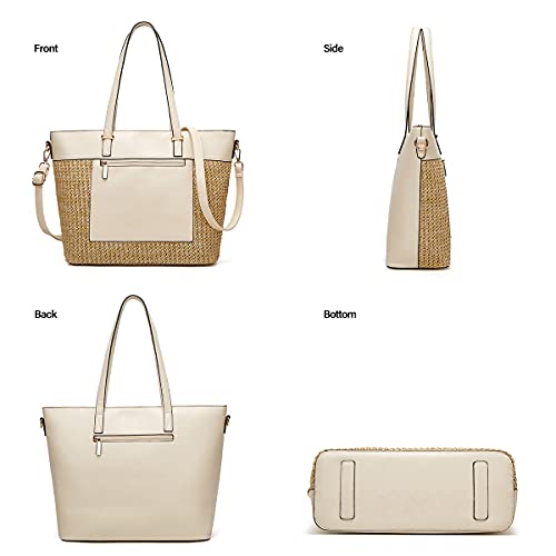 LMKIDS Women's Soft Artificial Leather Straw Woven Handbag, Shoulder Bag, Large Capacity Tassel Handbag. (Beige)