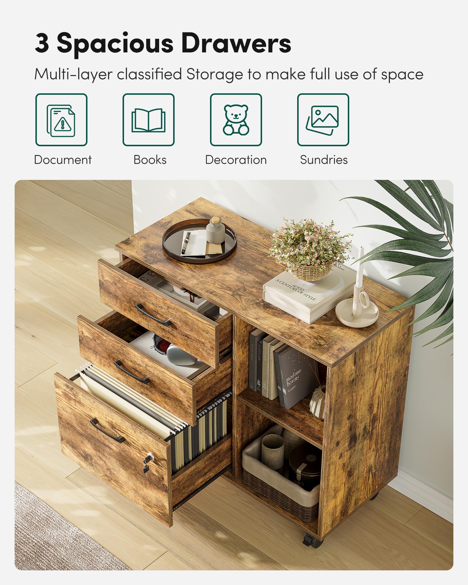 FEZIBO 3-Drawer Mobile File Cabinet, Lateral Filing Cabinet with Lock, Printer Stand with Open Storage Shelves for Home Office, Rustic Brown