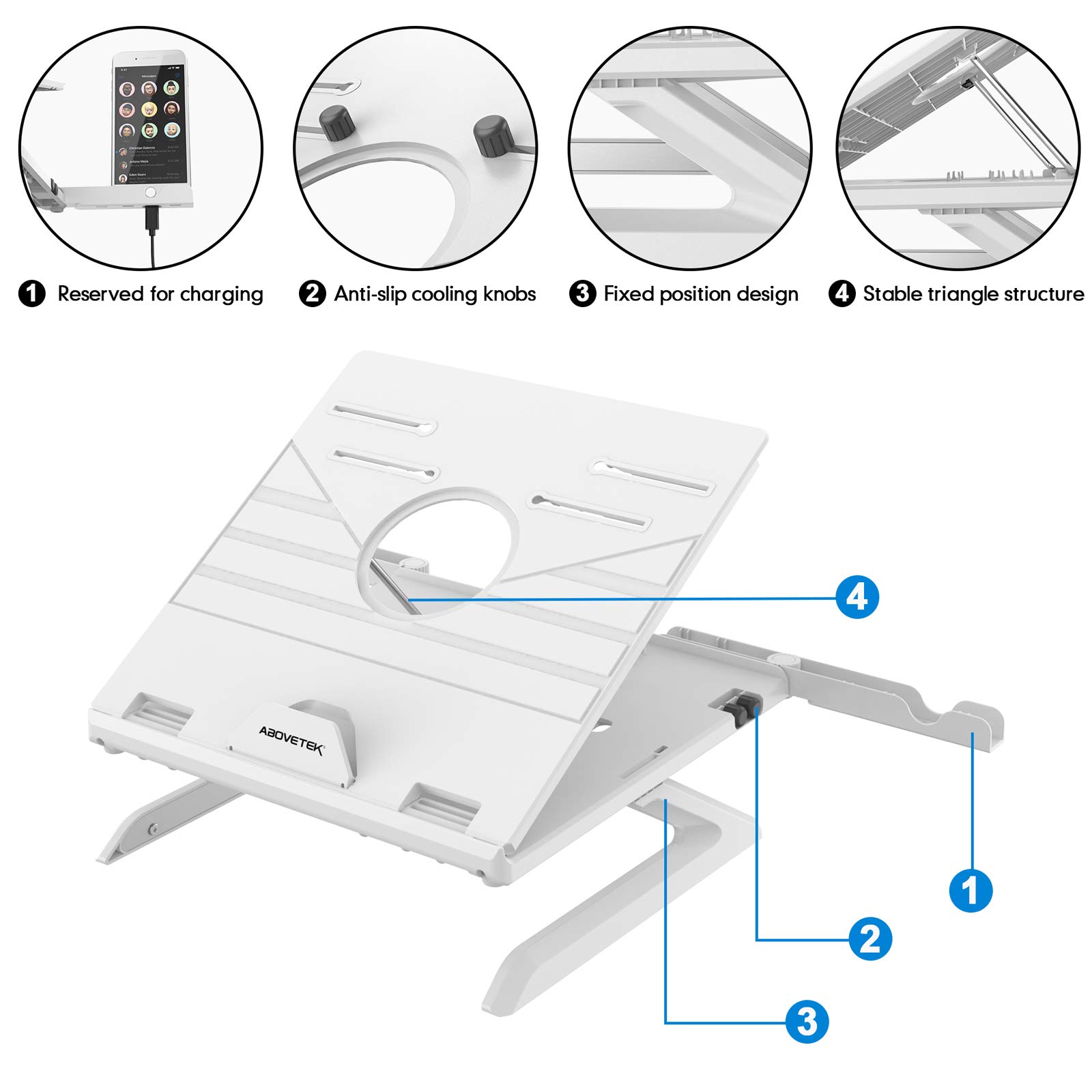 AboveTEK Genie Book Laptop Stand Riser - 9 Height/Angle Adjustable, Portable Laptop Riser Foldable to 11x11x1β - Fits 6β to 17β Laptop & 2 Extra Phone Holders - Ideal Gift for Family(White)