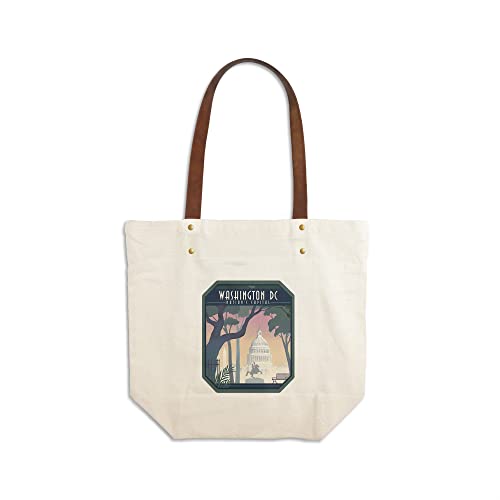 Washington, DC, Nation's Capitol, Lithograph, Contour (Canvas Deluxe Tote Bag, Faux Leather Handles & Zip Pocket)