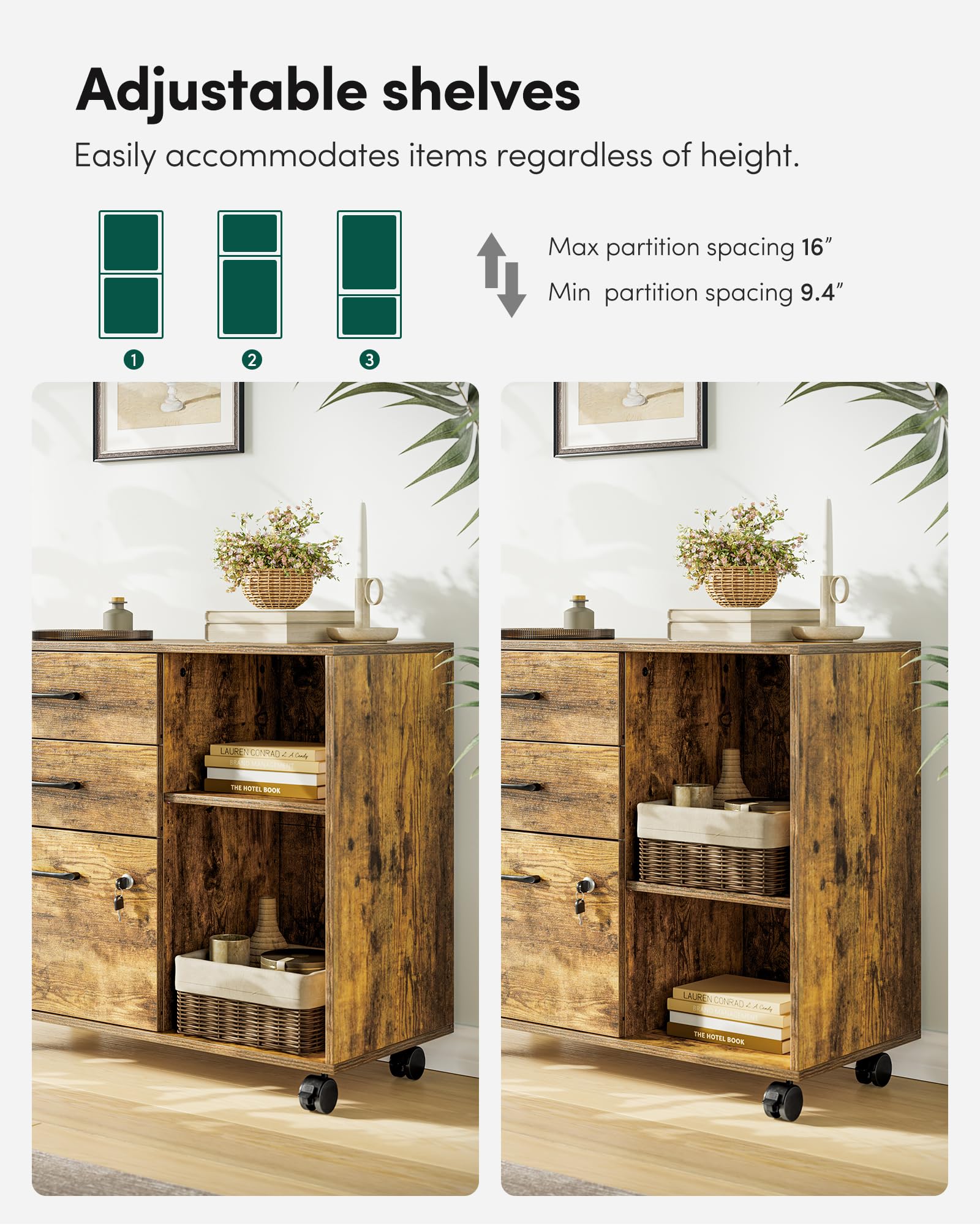FEZIBO 3-Drawer Mobile File Cabinet, Lateral Filing Cabinet with Lock, Printer Stand with Open Storage Shelves for Home Office, Rustic Brown