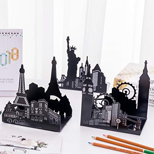 SIPLIV Bookends Steel Universal Economy Holder Stand Book Rack Desk Bookend, Ferris Wheel City, 1 Pair(Black)