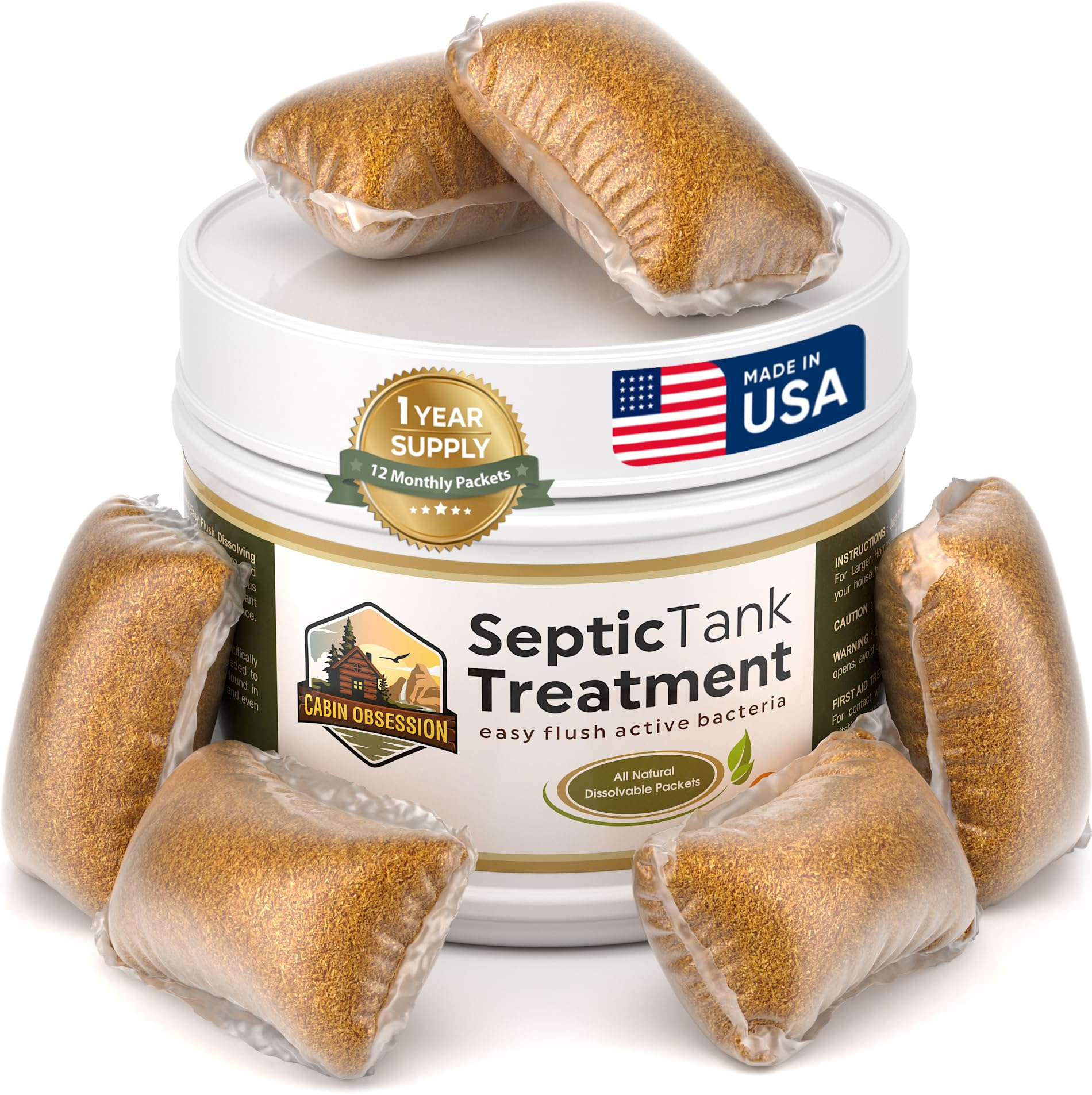 Septic Tank Treatment - 1 Year Supply of Dissolvable Easy Flush Live Bacteria Packets (12 Count) - Best Way to Prevent Expensive Sewage Backups - Made in USA