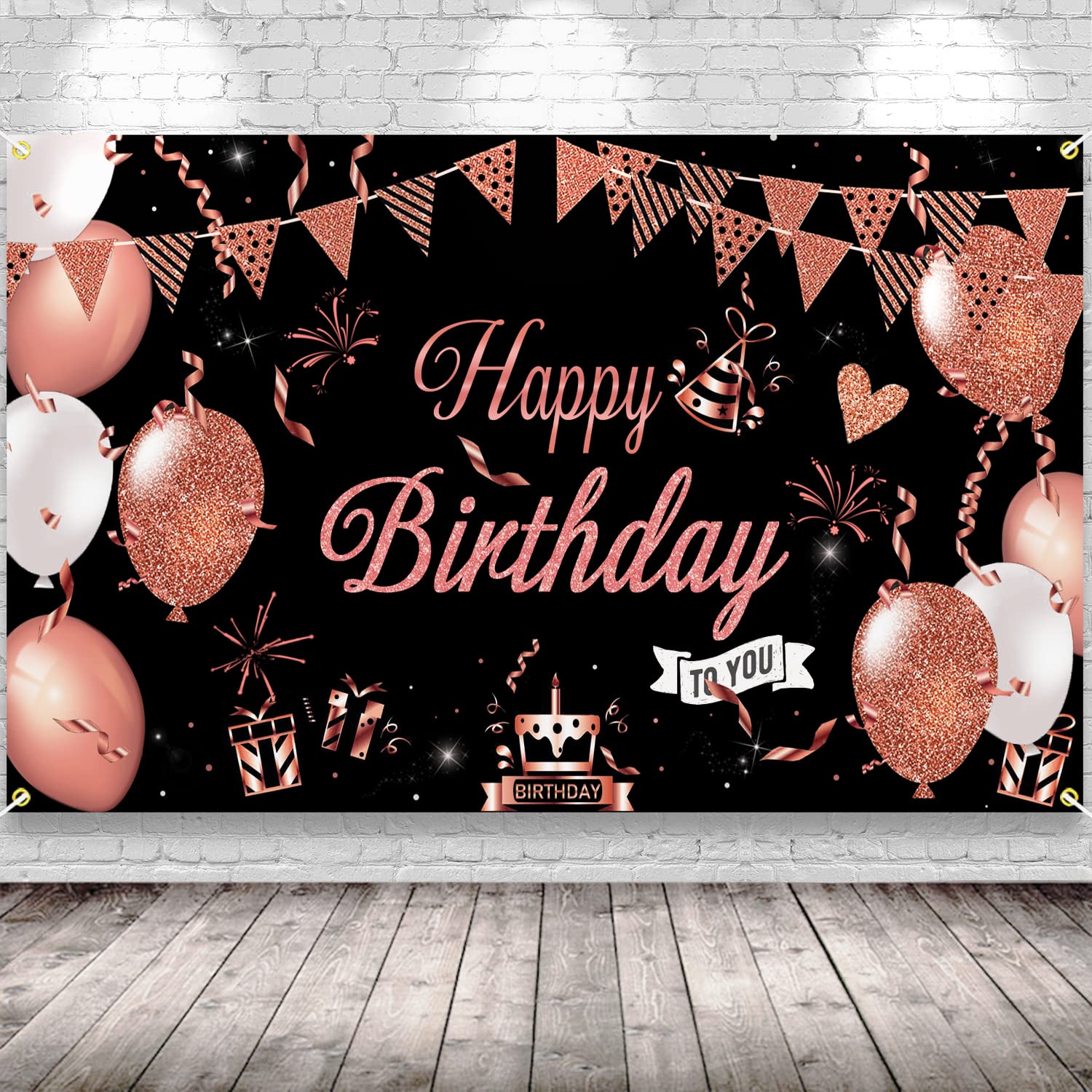 KOKAR Happy Birthday Decorations Banner, Large Black and Rose Gold Happy Birthday Banner Sign, Happy Birthday Backdrop for Girls Women Birthday Party Decorations